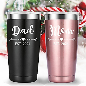 Dad and Mom Est 2024 Travel Mug Tumbler.New Parents Pregnancy Gifts.Fathers Mothers Day Anniversary Birthday Christmas Gifts Ideas for New Mom Dad.Parents to Be Baby Shower Gifts(20oz Black&Rose Gold)