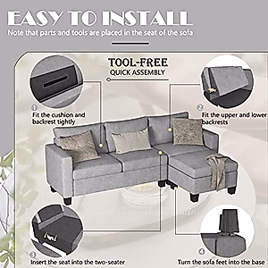 YESHOMY Convertible Sectional Sofa with Comfortable Backrest,L-Shaped Couch with Modern Cotton Fabric for Living Room, Gray