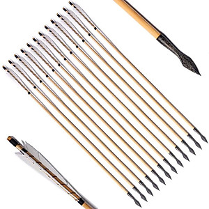 PG1ARCHERY Archery Hunting Arrows, 12 Pack Traditional Target Wooden Arrow 5" Turkey Feathers Fletching with Vintage Broadheads Tips White
