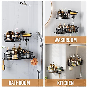 LEVERLOC Shower Caddy Suction Cup, 2 Pack Shower Shelves for Inside Shower with Hooks & Soap holder, NO-Drilling Bathroom Shower Organizer, Rustproof Meatl Shower Holder Storage, Black