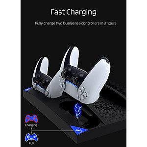 Storage Stand for PS5 Console/Digital Edition, Game Organizer with Cooling Fan, Controller Charger Station, 15 Game Case Holder, 3 USB Ports and 1 Media Remote Storage - Black