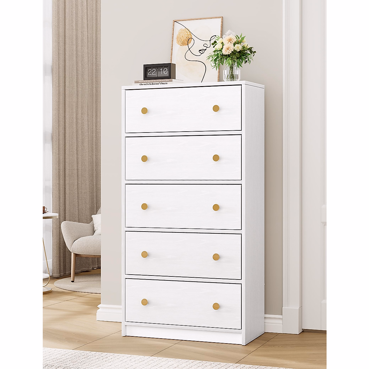 Nicehill White Dresser for Bedroom with 5 Drawers, Fabric Dresser Storage Tower, Chest of Drawers for Closet, Living Room, Hallway, Entryway, Woodeen Dresser（White）