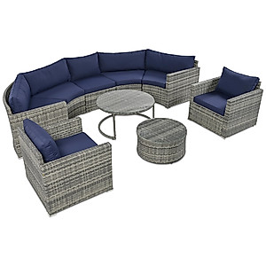 YSWH 9-Piece Outdoor Half Moon Sofa Set, Rattan Patio Furniture Half Round Sofa Set with Overlapping Round Table, Sectional Conversational Sofa Set for Free Combination, 1