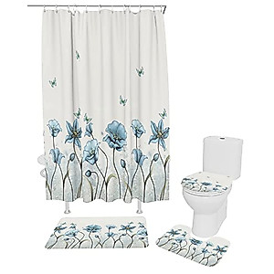 EwdeWwo Spring 4 Piece Shower Curtain Sets with Non-Slip Rugs, Toilet Lid Cover and Bath Mat, Blue Butterfly with Flowers Shower Curtain with 12 Hooks, Durable and Waterproof