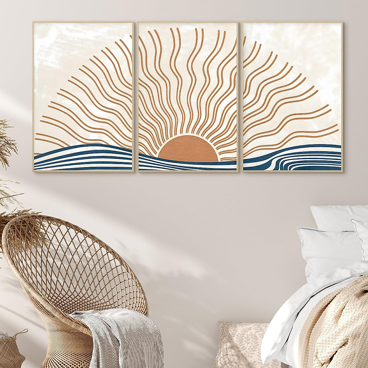 Abstract Boho Sun Wall Art Mid Century Sun Print Boho Sunrise Picture Wall Decor Minimalist Sun Wall Art Boho Sunset Print Abstract Sun Painting Mid Century Sun Poster Living Room 16x24inx3 No Frame