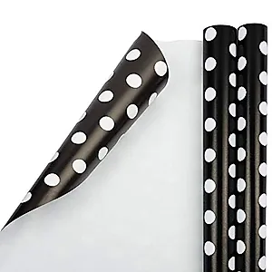 JAM Paper Gift Wrap - Polka Dot Wrapping Paper - 50 Sq Ft Total - Black with White Dots - 2 Rolls/Pack