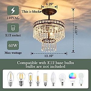 DAFKOS Modern Crystal Chandelier 3 Lights Semi Flush Mount Ceiling Light Fixture Black Farmhouse ceiling lamp for Bedroom Living Room Dining Room Entryway Hallway