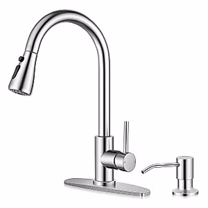 Homikit Kitchen Sink Faucet with Pull Down Sprayer & Soap Dispenser, Brushed Nickel Stainless Steel Kitchen Faucet with Deck Plate, High Arc Single Handle Sink Faucet for Utility Rv Laundry