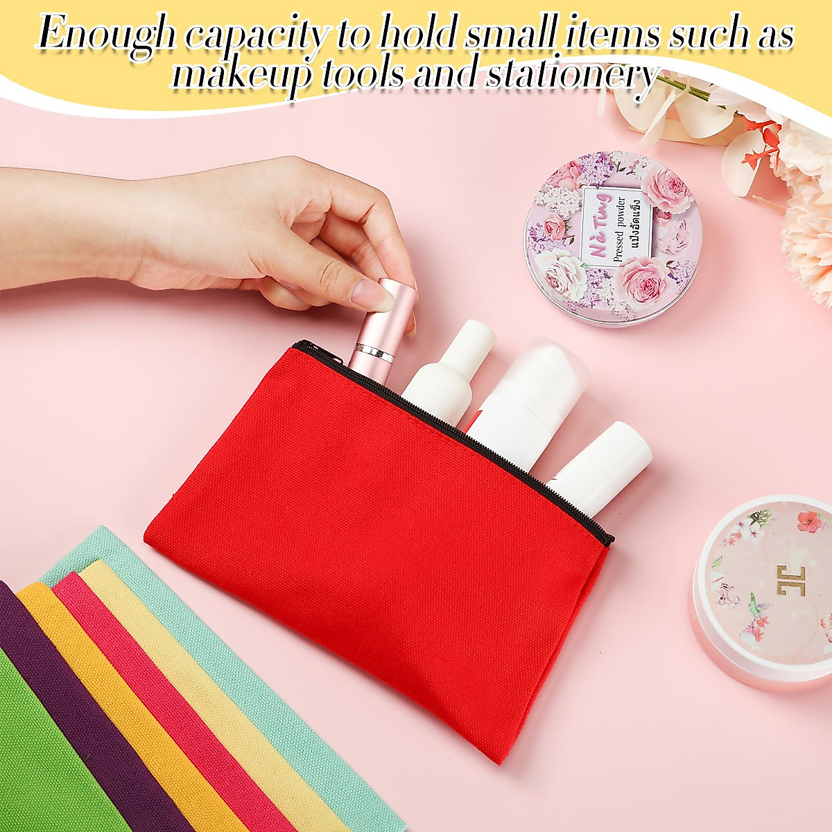 Jetec 60 Pcs Canvas Makeup Bags Bulk Cosmetic Bags Zipper Pouches Multicolor DIY Craft Pencil Bag Pencil Pouch Multipurpose Canvas Toiletry Bag for Travel Women Girls Pencil Craft (4.3 x 7.1 Inch)
