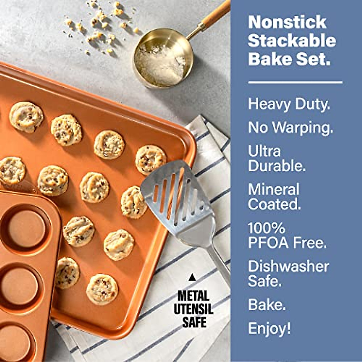 6 Piece Non-Stick Bakeware Set Includes Baking Pans, Cookie Sheet, Loaf Pan, Muffin Tin and more with Premier Ti-Cerama Copper Coating 100% PFOA Free,Graphite