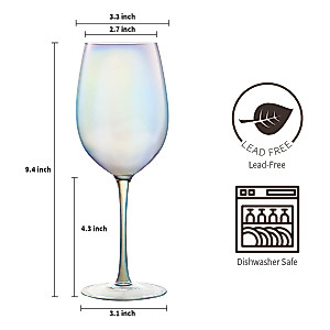 E-liu Handblown Wine Glasses, 17 Ounce Lead·Free Crystal Long Stemmed Glassware, All-Purpose Wine Glass for Red or White Wine, Birthday, Anniversary or Wedding Gifts, Set of 4, Iridescent
