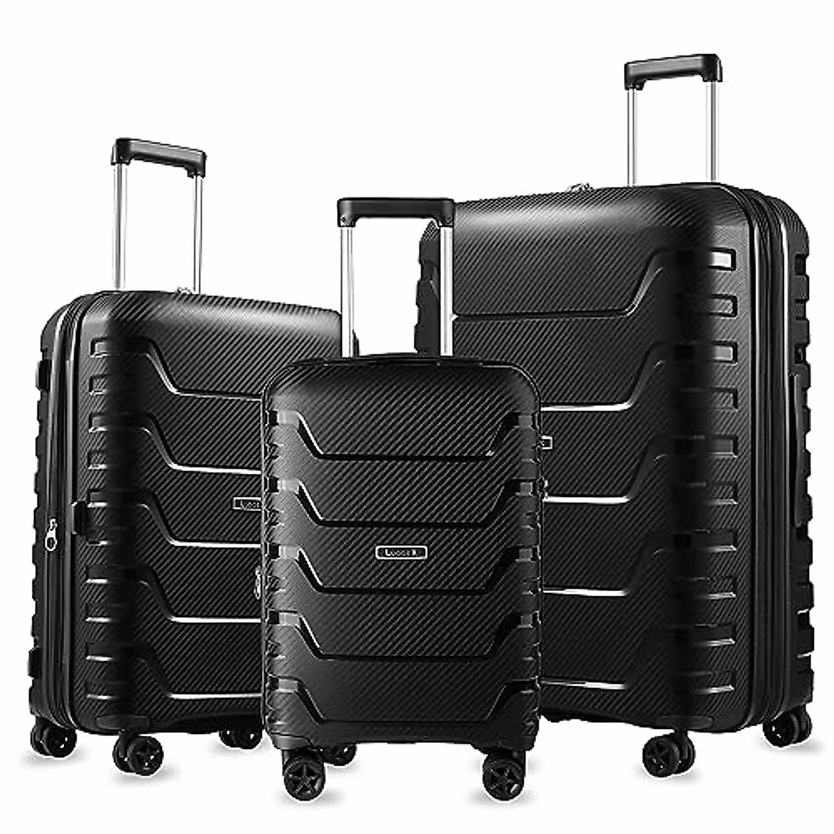 LUGGEX Carbon Fiber Pattern 3 Piece Luggage Sets - Impact-Resistant PP Material - High Rebound Toughness & Anti-Explosion Zipper (Black Suitcase Set)