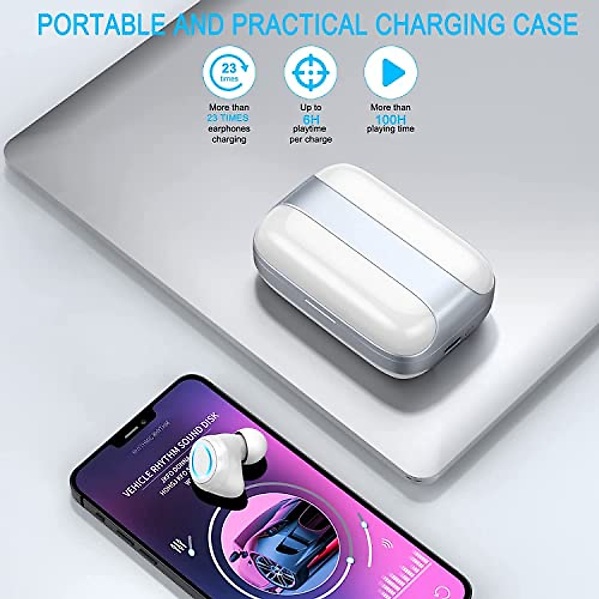 Donerton Wireless Earbud 5.1 Headphones 80 Hours Playtime Earphones with Charging Case, in Ear Headset IP7 Waterproof Earbud Noise Cancelling Microphone, LCD Display, for Working, White