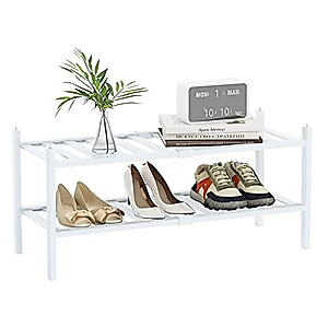 quiqear Bamboo Shoe Rack, 2 Tier Shoe Rack Organizer, Stackable & Durable Shoe Shelf Holder, Free Standing Shoe Racks, Shoe Storage Organizer for Entryway, Closet, Hallway (White)