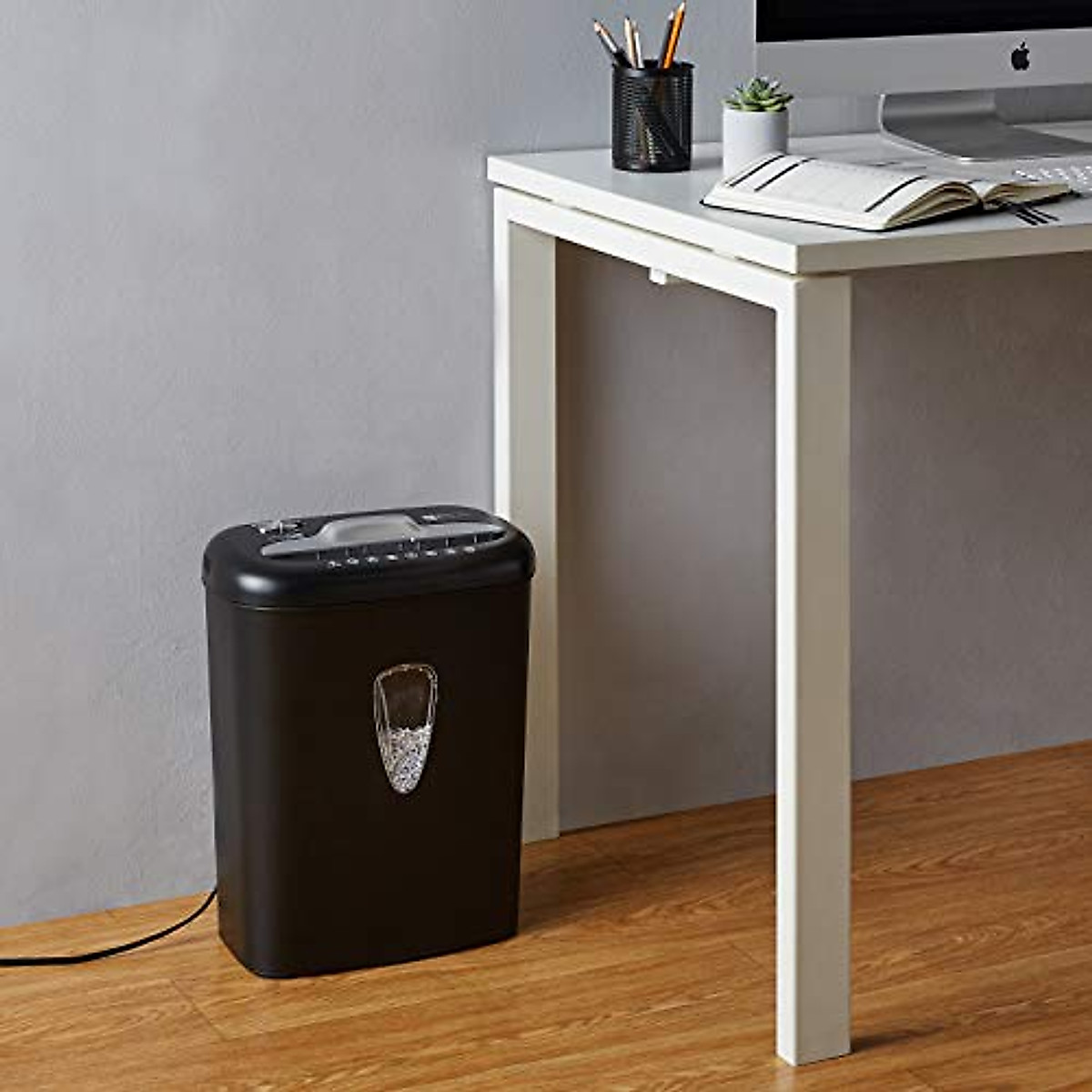 Amazon Basics 8-Sheet Capacity Cross-Cut Paper and Credit Card Shredder, 4.1 Gallon & Sharpening Lubricant Sheets - Pack of 12