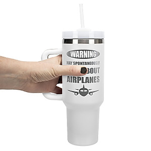 Elanze Designs Warning May Talk About Airplanes Pilot 40 oz. Stainless Steel, Large Water Bottle Coffee Mug, Spill & Leak Resistant, Thermal Travel Tumbler with Handle, Lid & Straw, White