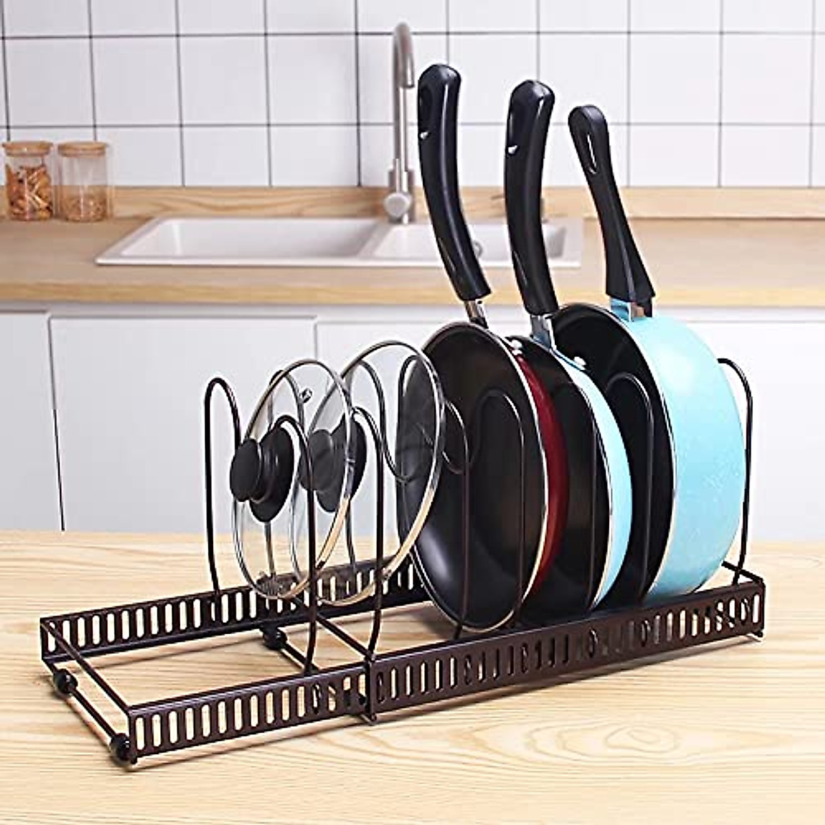 YUOP Expandable Pots and Pans Organizer,Pot Lid Organizer Rack for Cabinet with 10 Dividers Pot Holder Rack for Kitchen Bakeware Cookware