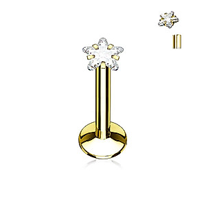 FIFTH CUE Star CZ Prong Set PVD Over All 316L Internally Threaded Labret Monroe Cartilage Stud Ring Surgical Steel Gold 1/4" (6mm)