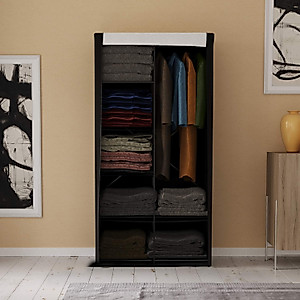 Ambesonne Retro Portable Fabric Wardrobe, Black Warrior Silhouette Ready to Attack Between Ionic Palace Columns, Clothing Organizer and Storage Closet with Shelves, 33.5", Black White