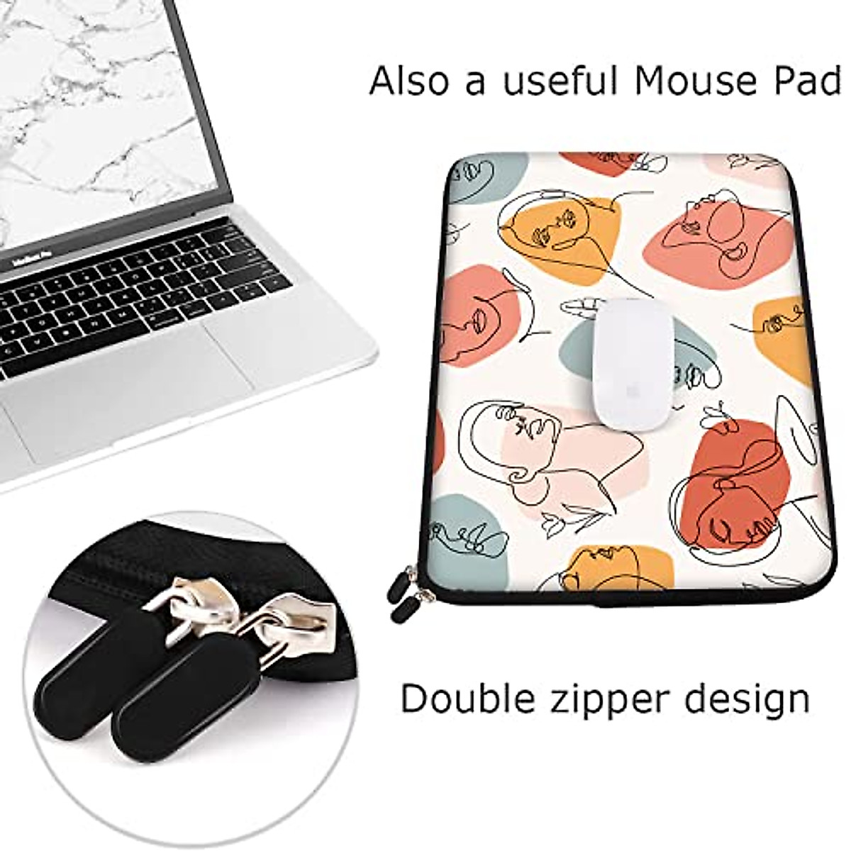 Lapac Abstract Faces Sketch Laptop Sleeve Bag 15-15.6 Inch, Water Repellent Neoprene Light Weight Computer Skin Bag, Colorful Notebook Carrying Case Cover Bags for 15/16 Inch MacBook Pro, MacBook Air