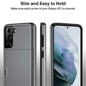 Jiunai for Samsung S21 Case, Galaxy S21 Case Credit Card IDs Cash Holder Shell Wallet Case Slide Cover Dual Layer Hard PC Soft TPU Rubber Cover Phone Case for Samsung Galaxy S21 5G 6.2'' 2021 Grey