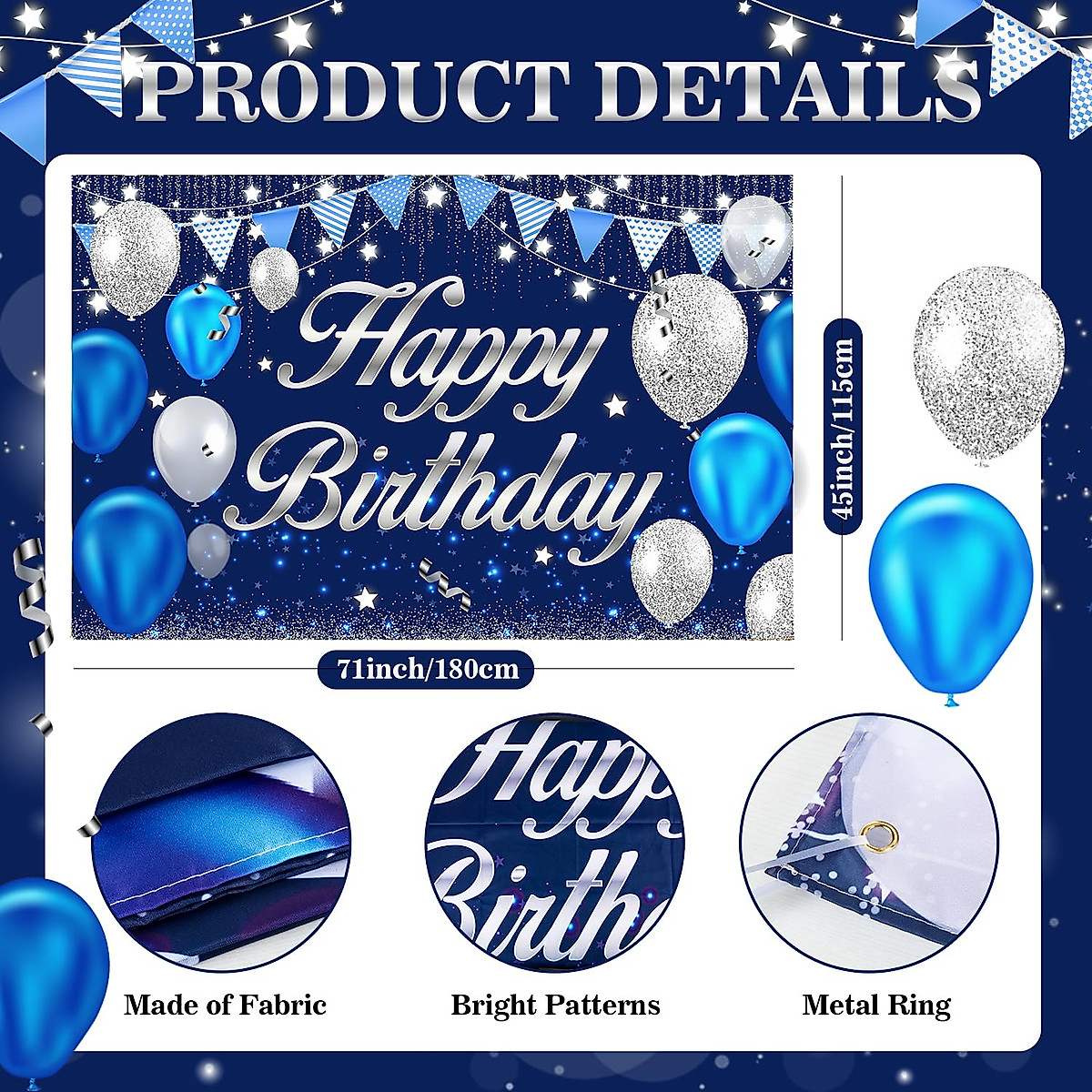 MDCGFOD Happy Birthday Banner - Birthday Decorations for Men Women Boys Girls Blue Sliver Birthday Party Banners Welcome Happy Birthday Background Sign Birthday Theme Party Decorations Indoor Outdoor