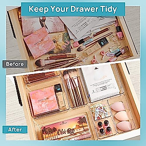 Vtopmart 44 PCS Clear Plastic Drawer Organizers Set, 4-Size Versatile Bathroom and Vanity Drawer Organizer Trays, Non-Slip Storage Containers for Makeup, Jewelries, Bedroom，Kitchen Utensils and Office