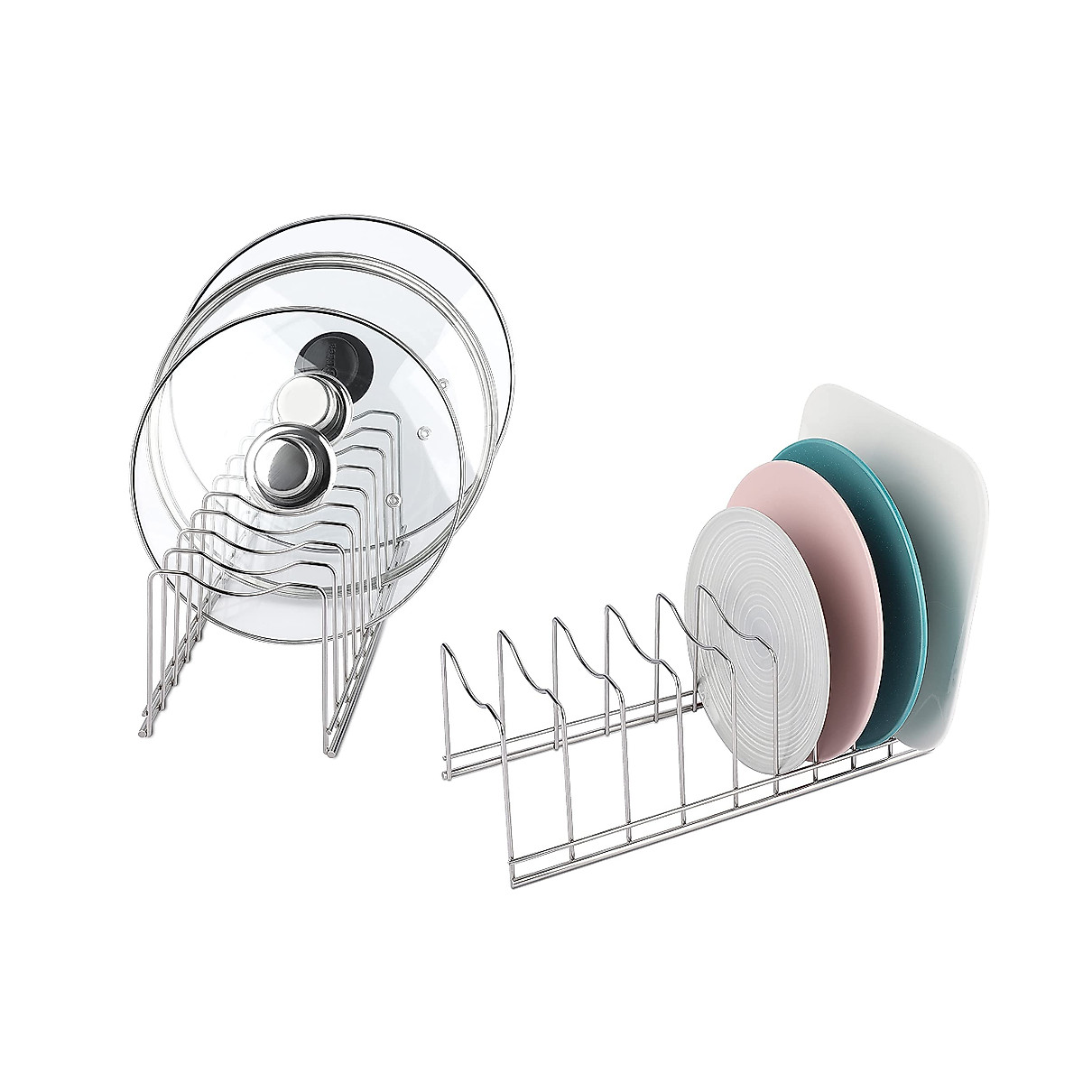 2 Pack HS Ideas Pot Lid Organizer, Kitchen Plate Rack Holder Rest,Pan and Pot Lid Holder for Cutting Boards, Bakeware, Cooling Rack, Serving Trays,Pantry and Cabinet Holder - Silver Finish…