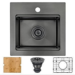 MONSINTA Bar Sink, Top Mount Bar Sink, 15" x 15" Drop-in Bar Prep Sink, RV Sink, Laundry Room Sink, 16 Gauge Stainless Steel Bar Sink, Wet Bar Sink and Accessories, Black Color