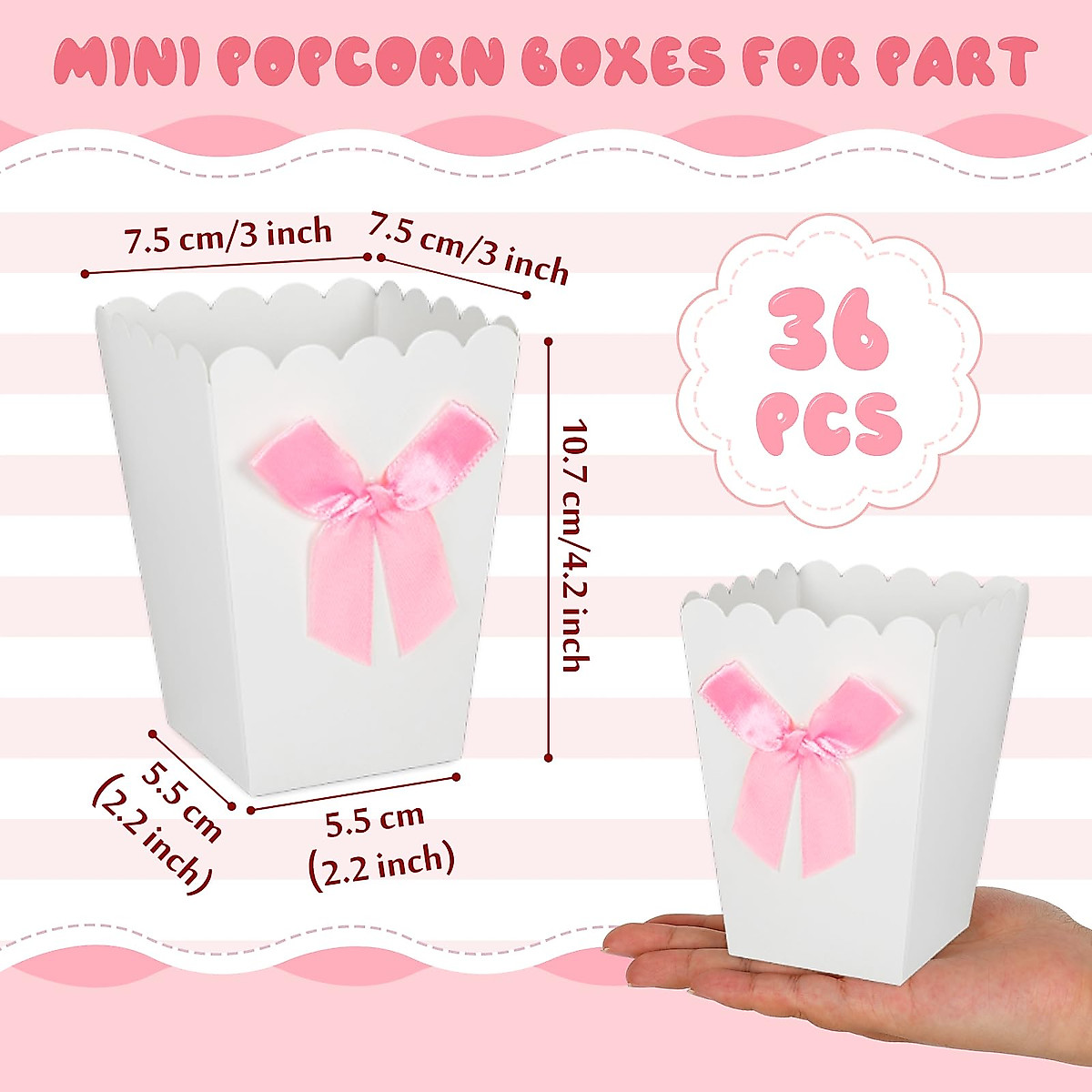 JarThenaAMCS 36Pcs Mini Popcorn Boxes White Popcorn Buckets with Pink Bow Paper Candy Favor Boxes Popcorn Treat Boxes for Movie Night Party Supplies, 4.2 x 3 x 2.2 Inch
