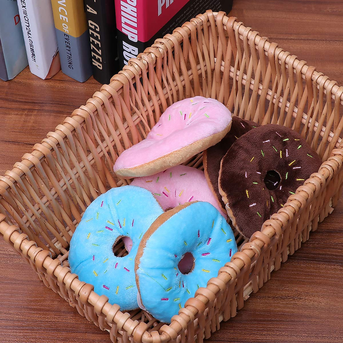 Toyvian 6pcs Dog Chew Toy Soft Plush Donut Shaped Squeaky Squeaking Sound Toy Plush Pet Puppy Toys Soft Pets Bite Chewing Puppy Dog Toy (Coffee + Strawberry + Blue Each 2pcs)