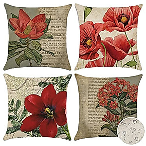 OTOSTAR 4 Pack Outdoor Waterproof Throw Pillow Covers 18x18 Inch Linen Garden Cushion Covers Vintage Red Flower Decorative Pillowcases for Sofa Tent Balcony Patio