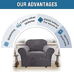 H.VERSAILTEX Rich Velvet Stretch 2 Piece Chair Cover Chair Slipcover Sofa Cover Furniture Protector Couch Soft with Elastic Bottom Chair Couch Cover with Arms, Machine Washable(Chair,Grey)