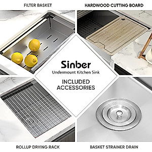 Sinber 32" x 19" x 10" Undermount Single Bowl Workstation Kitchen Sink with 16 Gauge 304 Stainless Steel Satin Finish 6 Accessories KSS0001S-OK