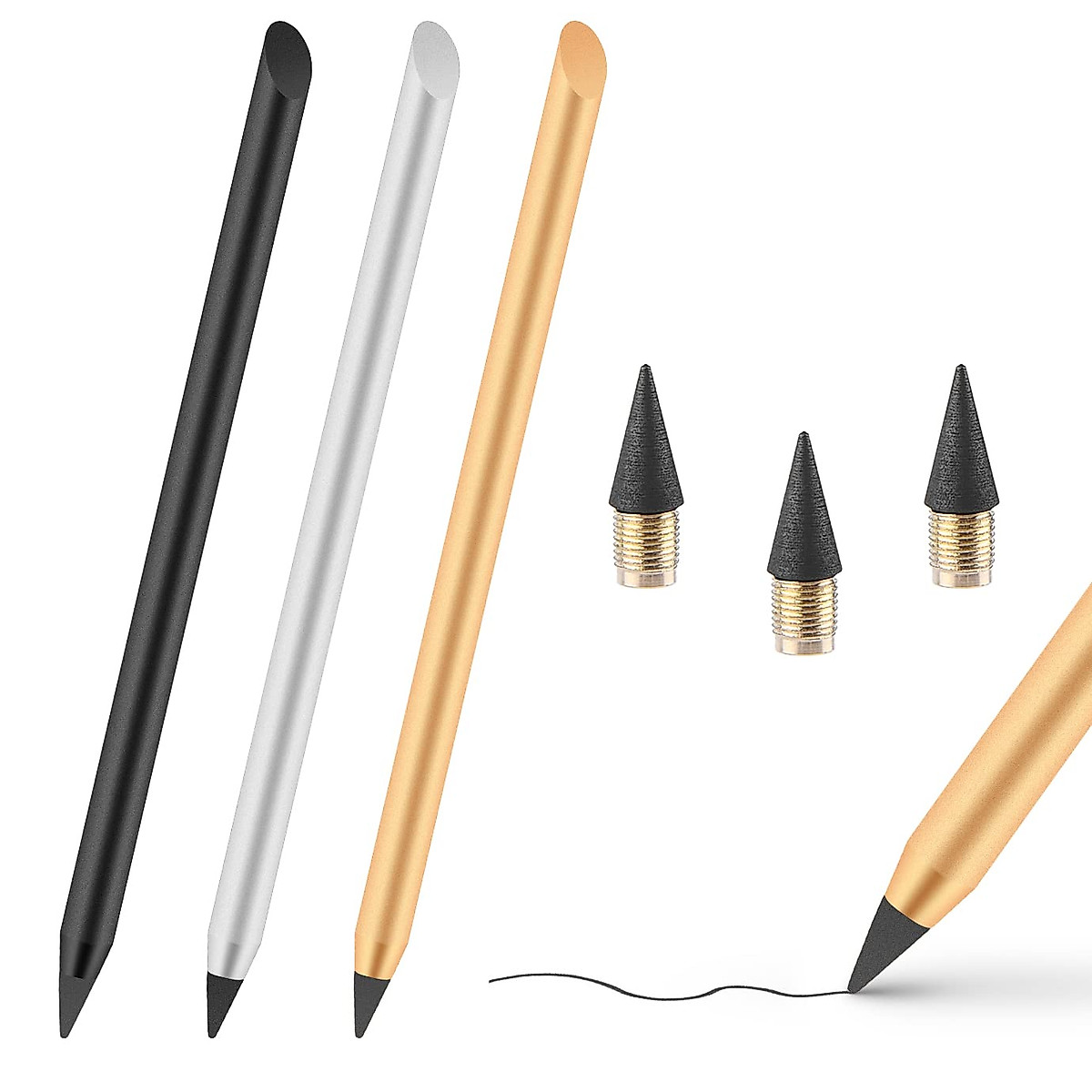 WXJ13 3 Pieces Metal Inkless Pen Metal Infinite Pencil Metallic Pencil Infinity Pencil with 3 Replaceable Nib Erasable Pencil for, Drawing, Writing, Drafting