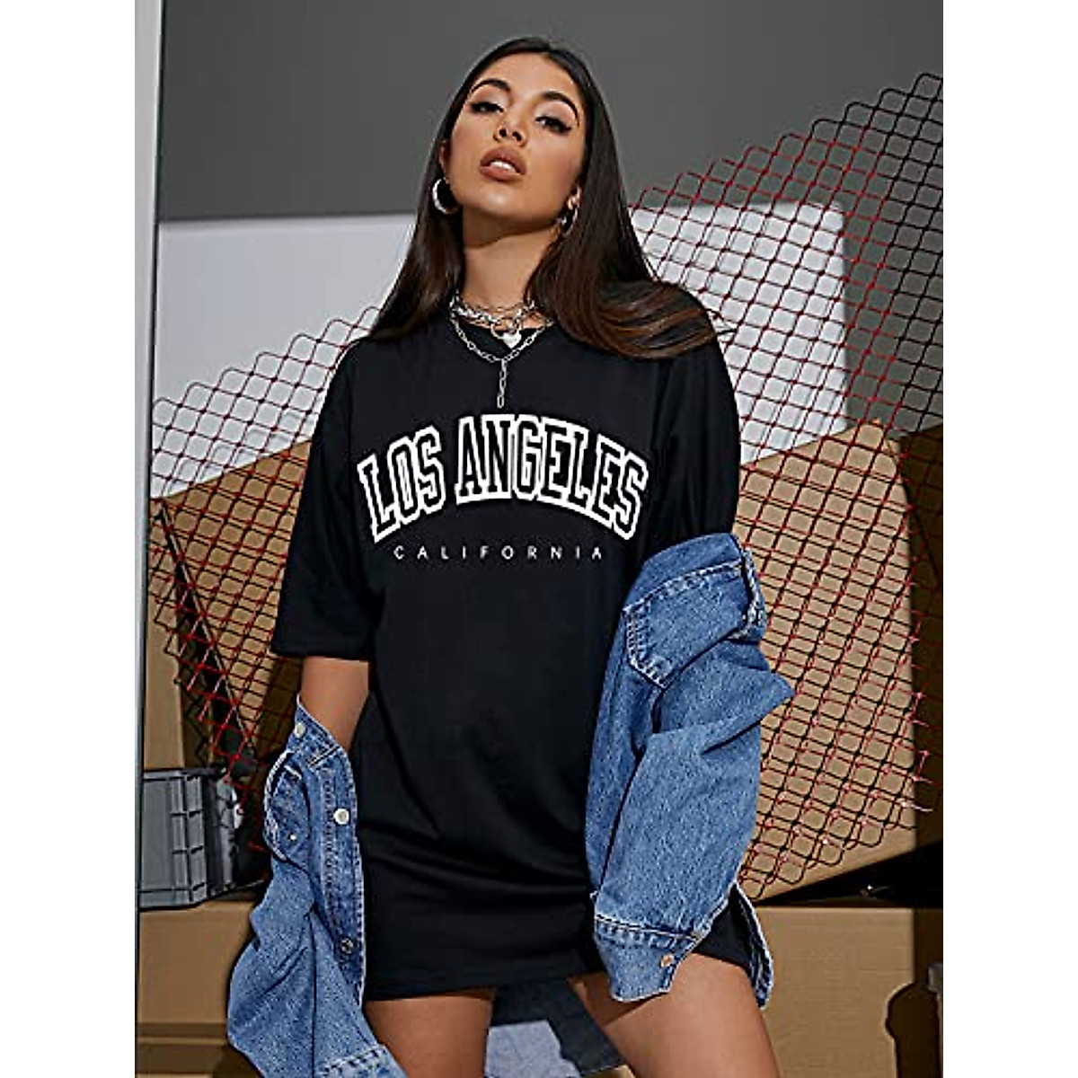 SOLY HUX Women's Letter Print Half Sleeve Tee Casual Summer Oversized T Shirt Top Black L