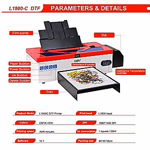 DTF Printer A3 L1800 Transfer Printer Machine Built-in White Ink Circulation System for Dark/Light T-Shirts, Hoodie,Pillow,Different Fabrics (DTF Printer +Oven+5 x 250ml Ink+100pcs PET Film)