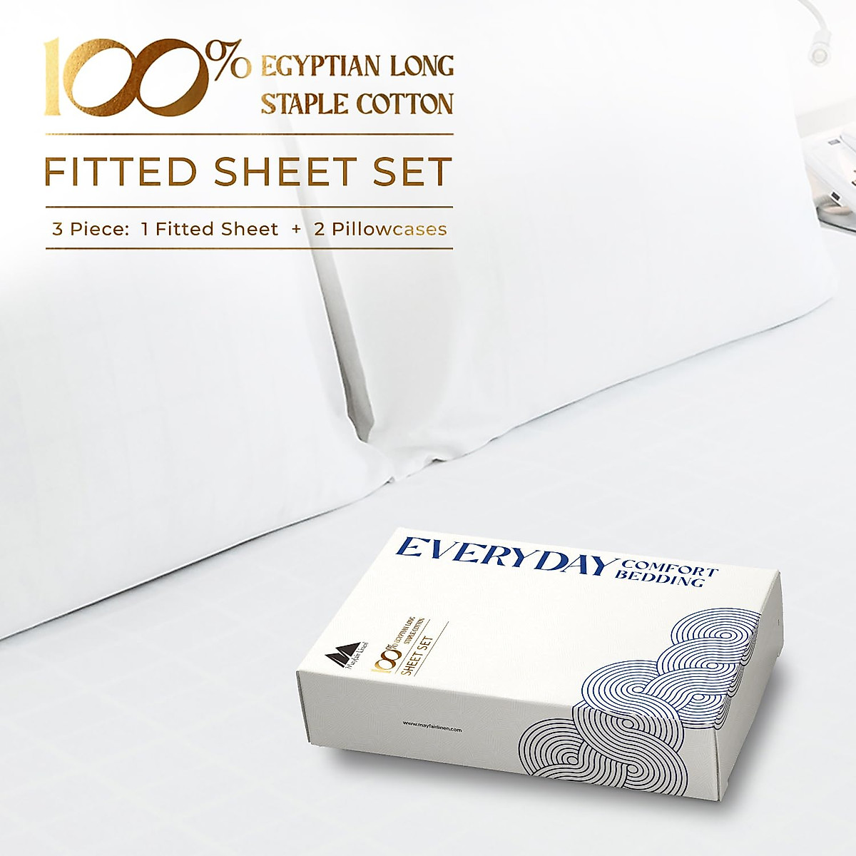 Mayfair Linen Queen Size Percale Sheet, Egyptian Cotton Rich Sheet, 3-Piece Set (1 Fitted Sheet, 2 Pillowcases) for Queen Size Bed, Ultra Soft, Fits Mattress Upto 18" Deep - White (No Flat Sheet)