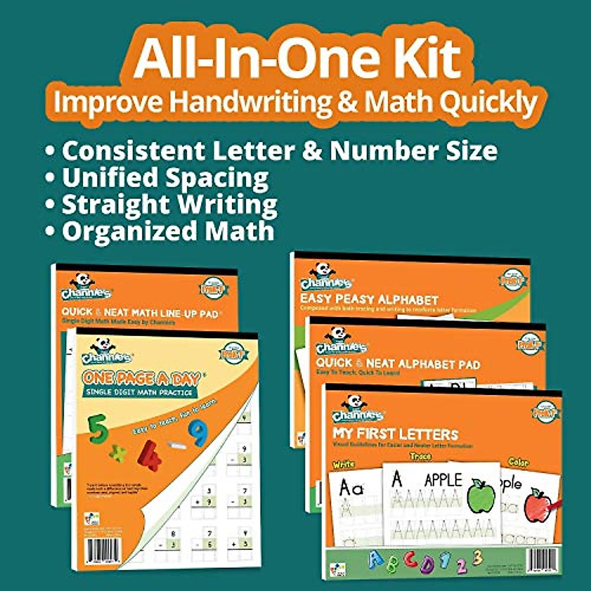 Channie’s All-In-One Visual Handwriting & Math Workbook Set for Pre-Kindergarten - 1st Grade Elementary School Students (5 Pack)