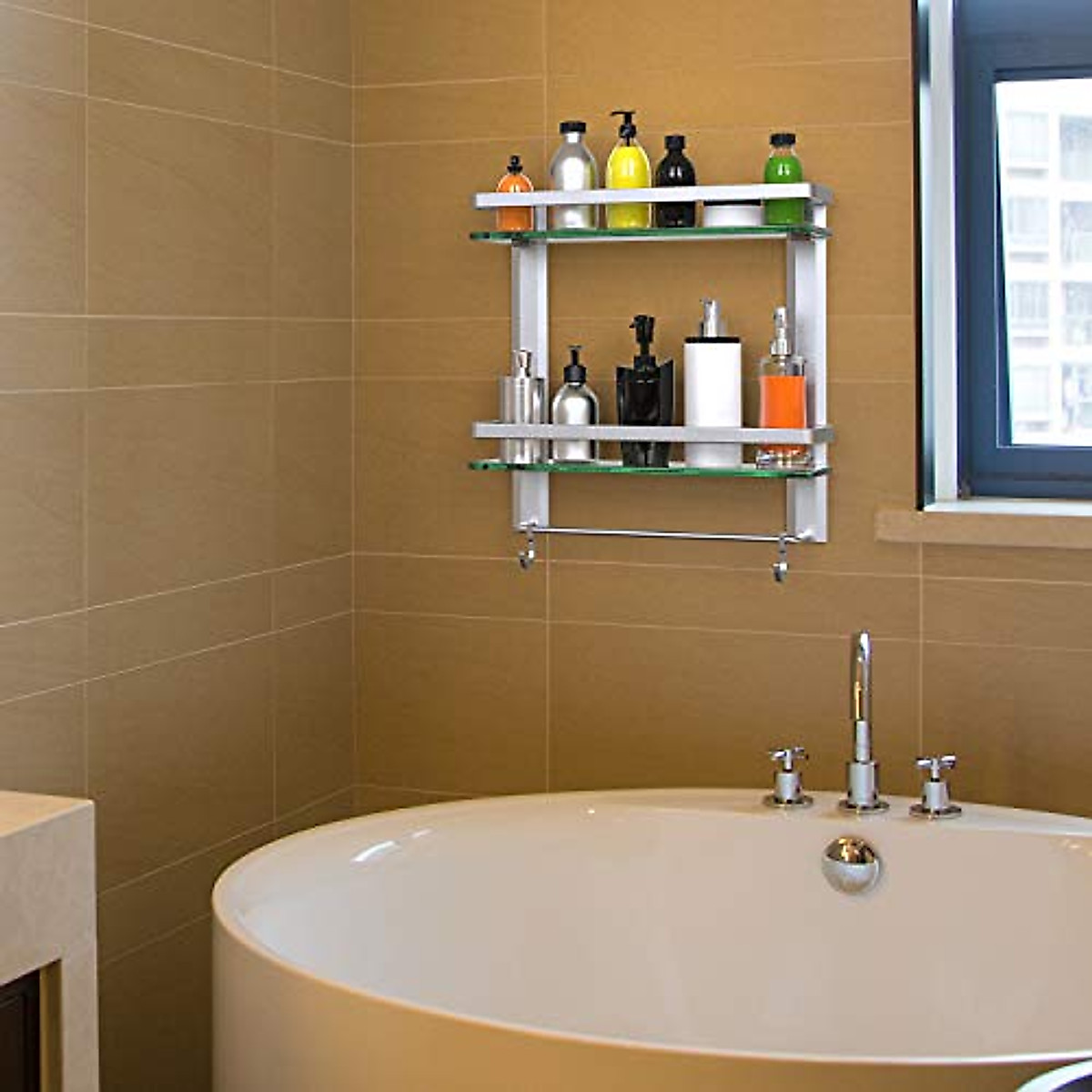 Vdomus Bathroom Tempered Glass Shelf with Towel Bar Wall Mounted, Brushed Silver Finish (2 Tier + 1 Tier)