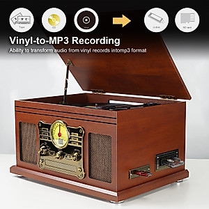 3-Speed Bluetooth Turntable with Stereo Speakers, CD/Cassette Player, FM Radio and Wireless Music Streaming - Mahogany