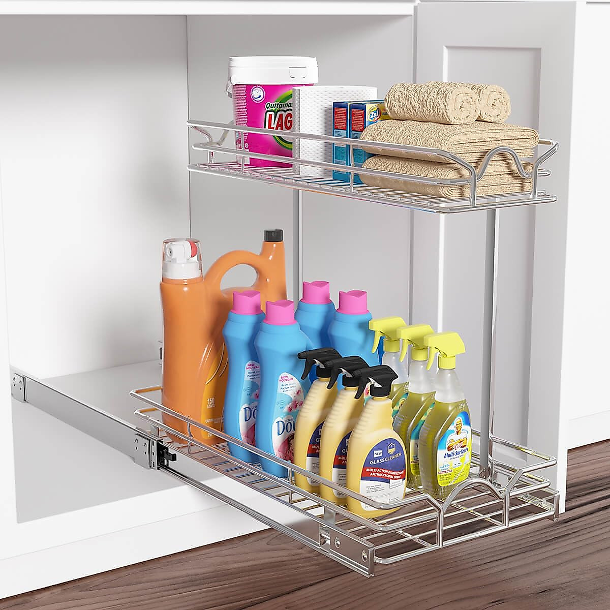 OCG 2 Tier Under Sink Pull Out Organizer (11" W x 18" D x 15.8" H), Under Sink Organizers and Storage for Kitchen Bathroom Cabinet, Chrome Finish