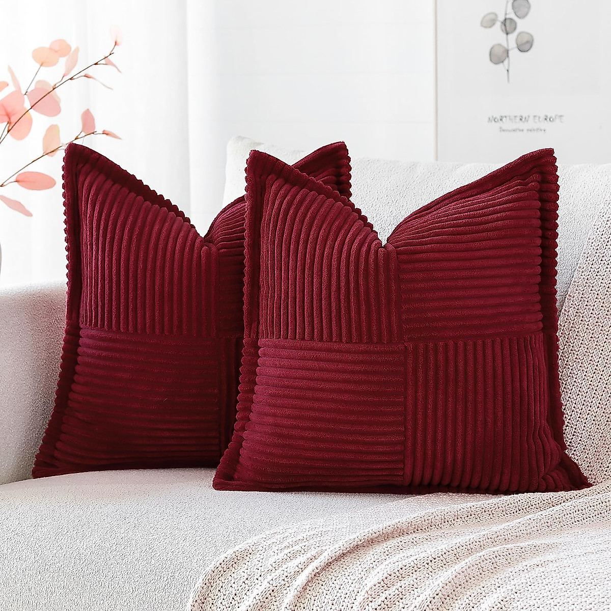 OTOSTAR Set of 2 Corduroy Throw Pillow Covers with Splicing Super Soft Boho Striped Pillow Covers Broadside Decorative Textured Throw Pillows for Couch Sofa Bed Living Room 18x18 Inch, Burgundy