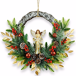 24" Angel Christmas Wreath, Artificial Holiday Wreath with Resin Angel Statue, Natural Rattan Ring & Pine Cones, Golden Leaves, Red Baubles, Spruce Branches, Snowy Pine Needles (Angel)