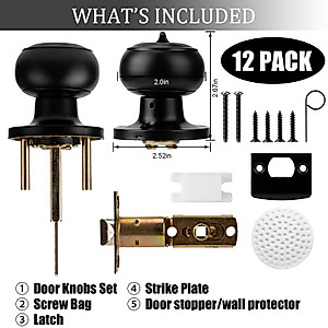 AMZKONIG 12 Pack Matte Black Privacy Door Knobs Keyless Interior/Exterior Doorknobs Lockset with Hardware Instruction and Wall Protector for Bedroom Bathroom