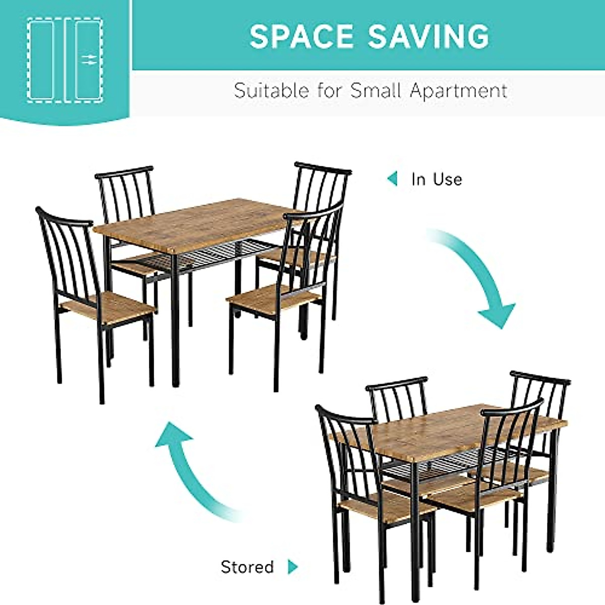 IDEALHOUSE Dining Table Set for 4, Kitchen Table with 4 Chairs, Metal and Wood Rectangular 5-Piece Dining Table Furniture Set with Storage Rack for Small Space, Apartment, Dinette(Rustic Brown)