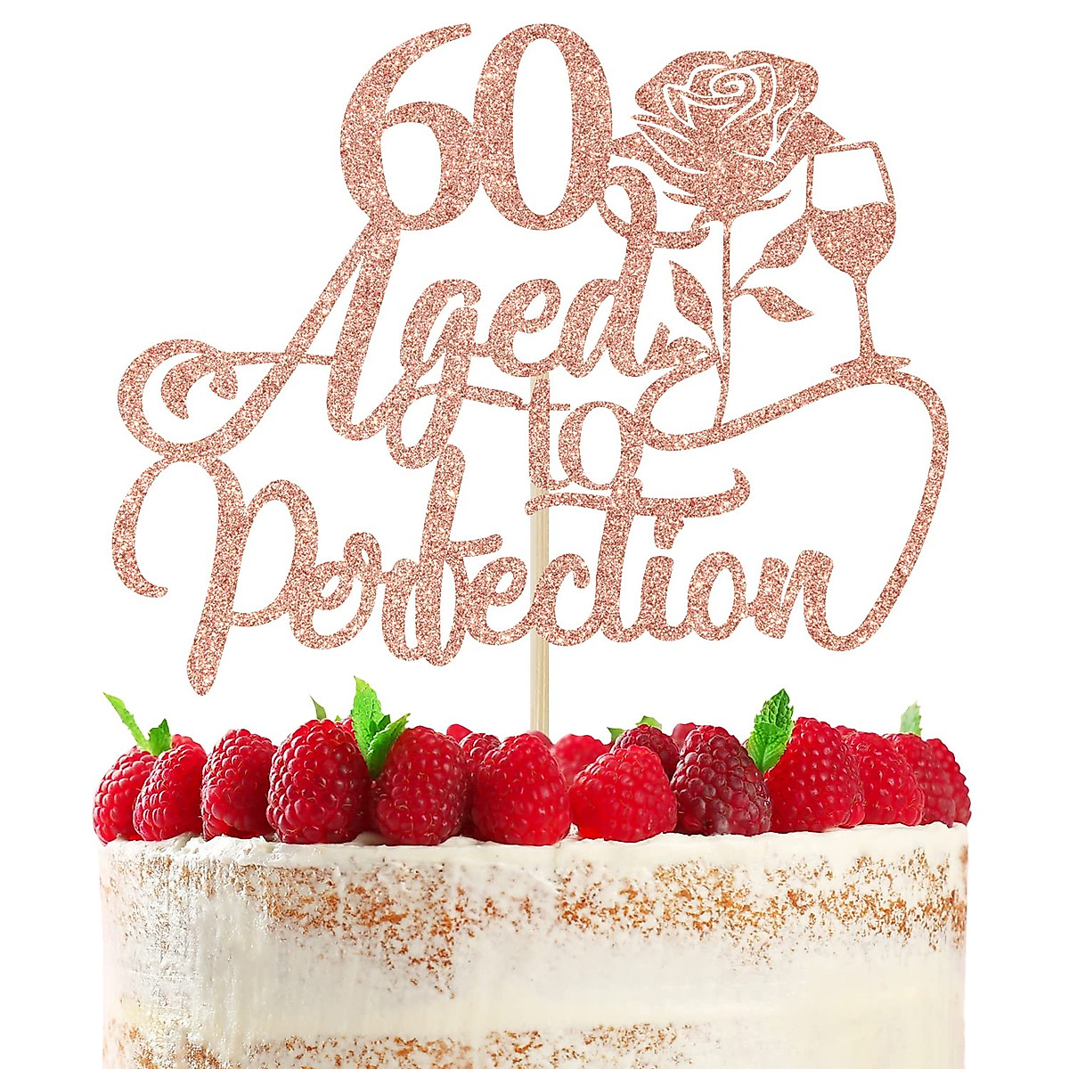 Women's 60th Birthday Cake Topper, Age to Perfection/Cheers to 60 Years, Funny Happy 60th Birthday Party Decorations Rose Gold Glitter