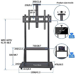 Suptek Mobile TV Cart Floor Stand for 40-100 inch TVs and LED LCD Screens Max 900x600 VESA Large Base Height Adjustable (ML1800B)