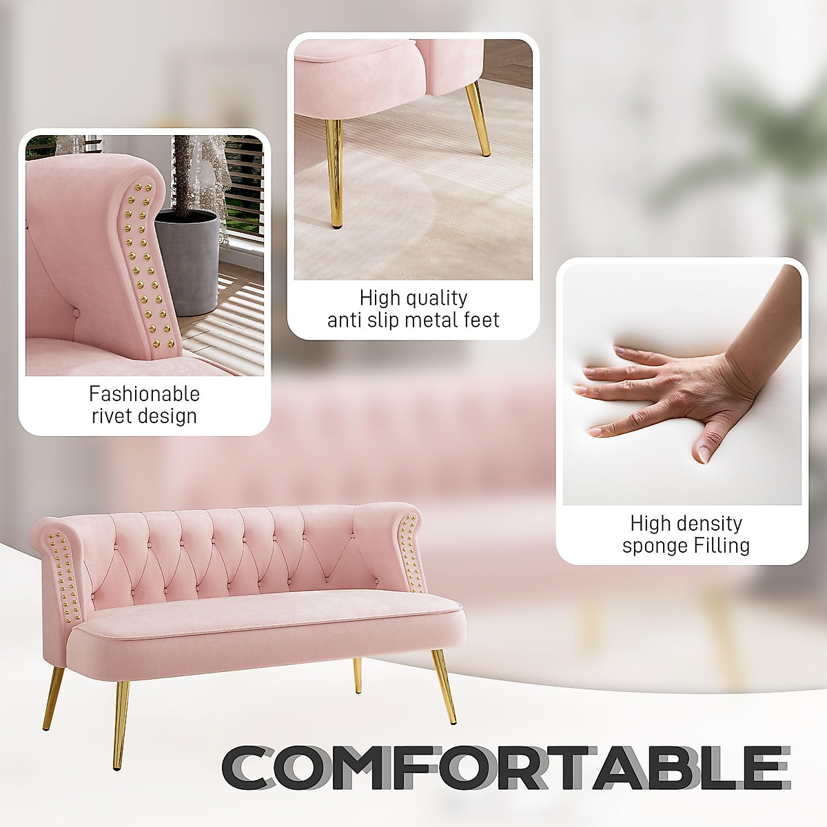DAMAIFROM Velvet Loveseat Sofa, Modern 2 Seater Sofa with Gold Legs, 51" W Upholstered Tufted Couch for Living Room, Comfy Love Seat Small Furniture for Apartment, Small Spaces, Pink
