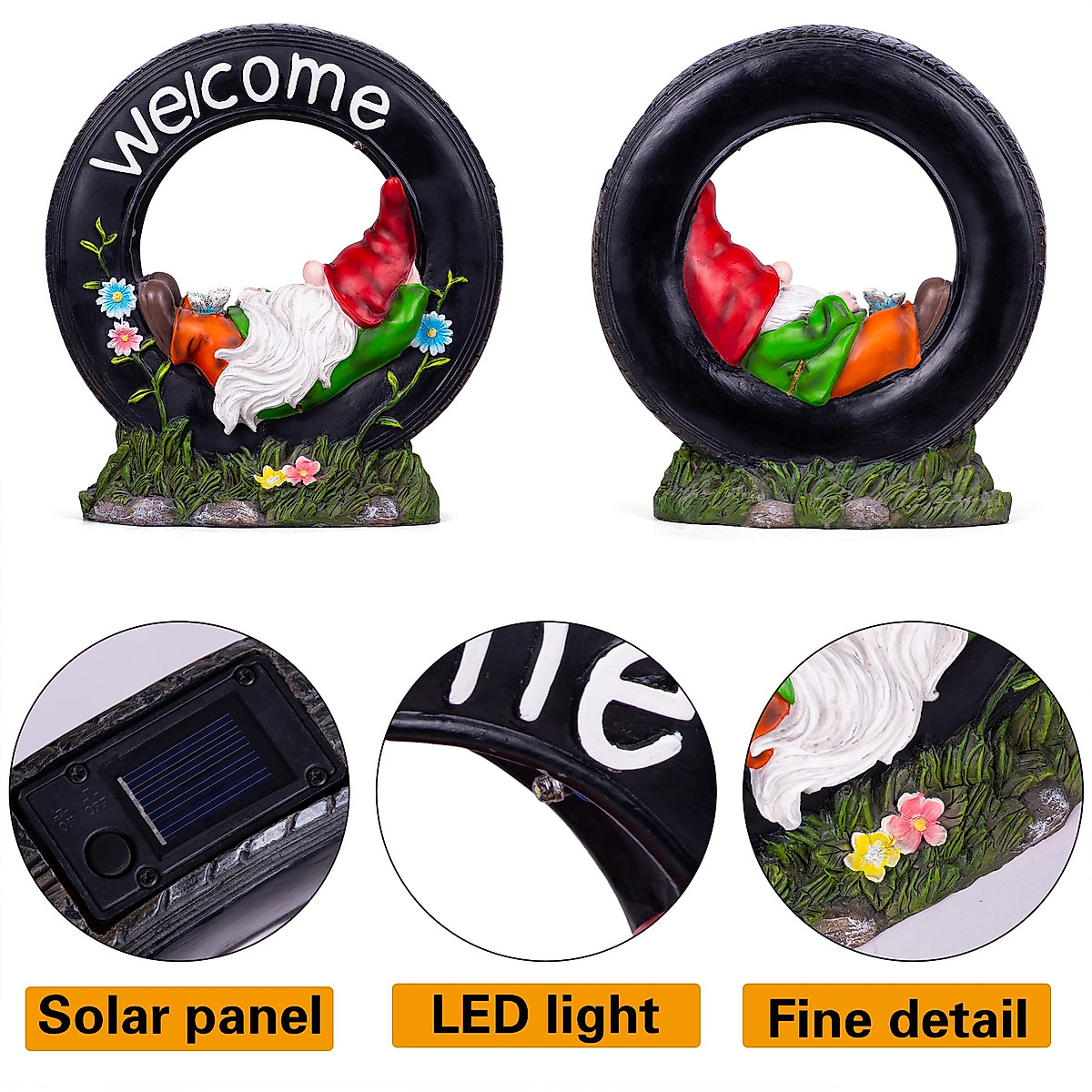 Ottsuls Solar Gnome Garden Statues for Outdoor, Resin Welcome Dwarf with Tyre&LED Lights, Sculpture Decor for Patio, Porch, Balcony, Yard, Lawn Ornament - Unique Holidays/Birthday Gift